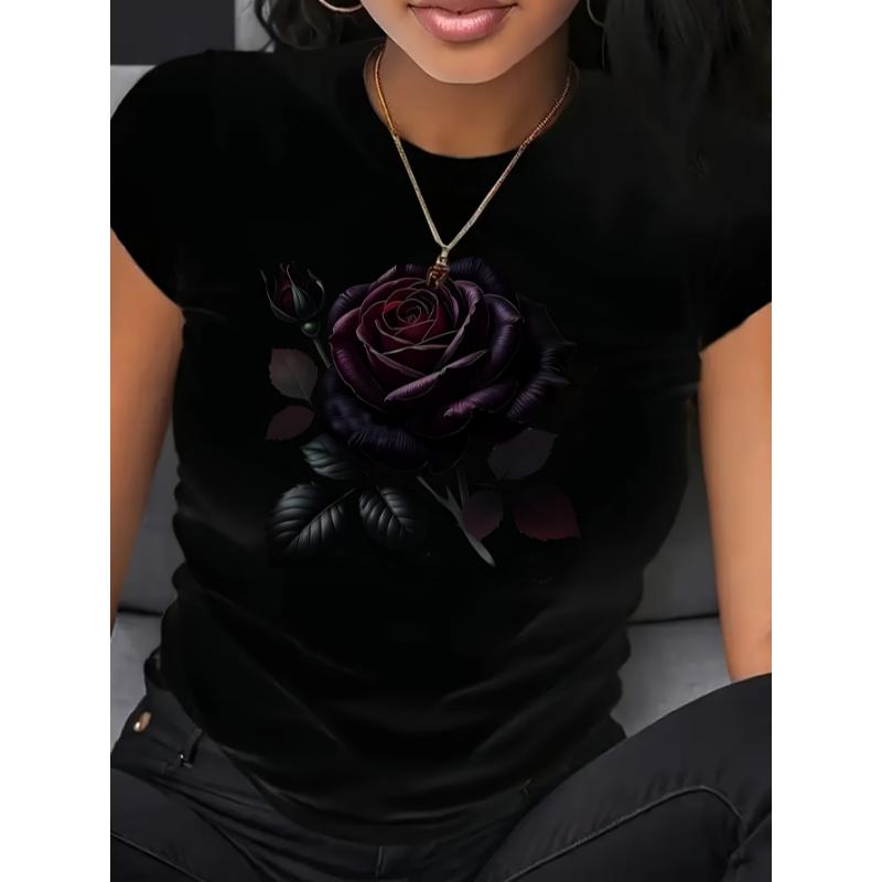 [Rose Print T-Shirt] 1pc Women's Casual Short Sleeve T-Shirt ...