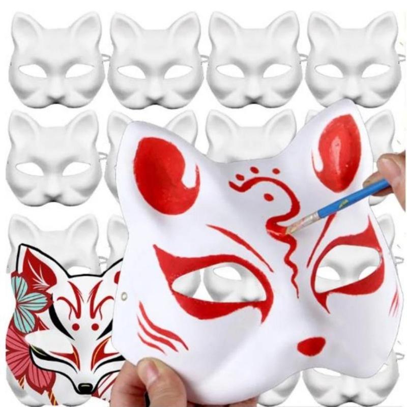 Topeng separuh muka Jepun yang dilukis dengan tangan, kucing, musang ...