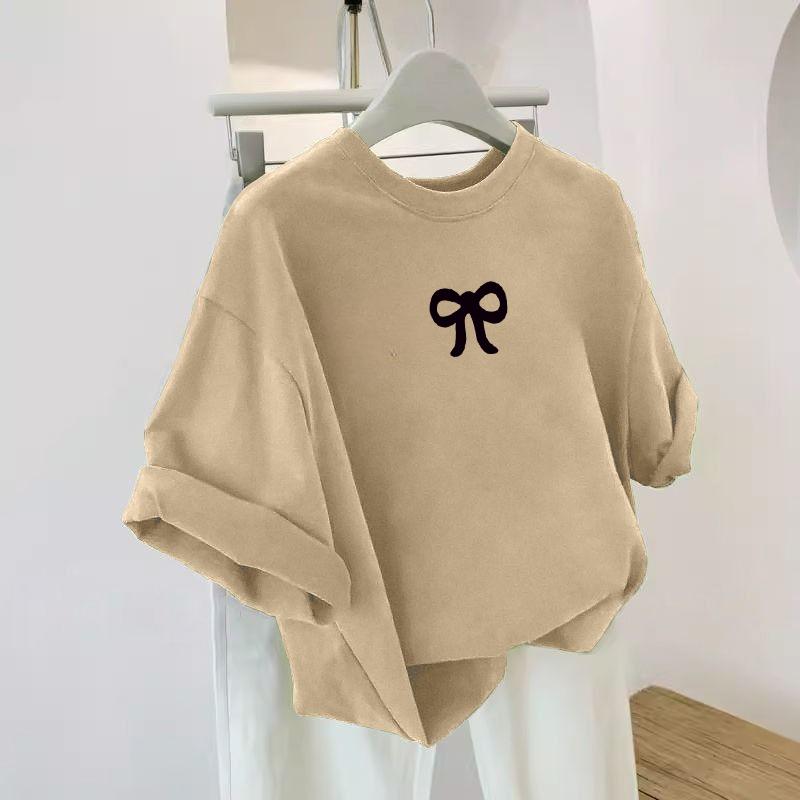 Fashion Sweet Bow Printed Short Sleeve T-Shirt Women's Khaki - TikTok ...