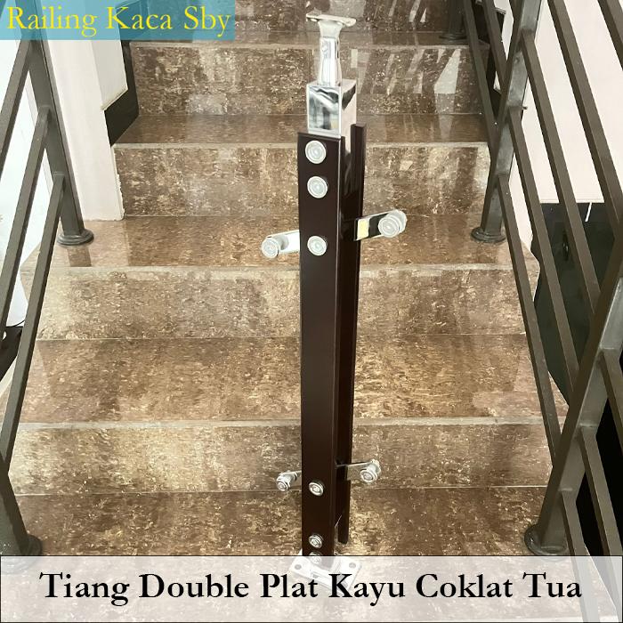 TIANG RAILING TANGGA KACA STAINLESS MODEL DOUBLE PLAT KAYU COKELAT ...