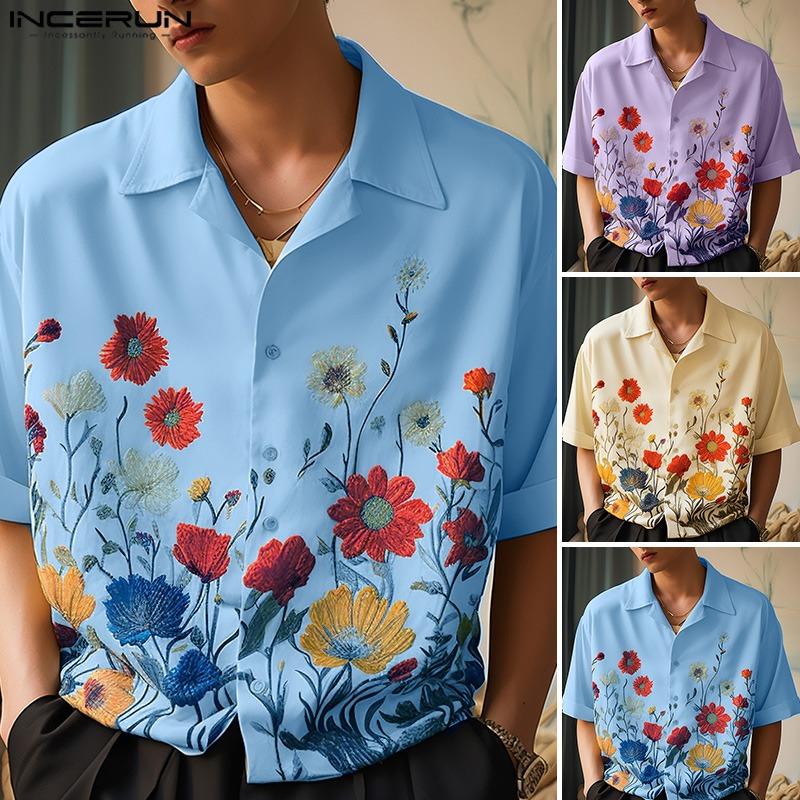 INCERUN Mens Casual Lapel Button Up Shirts Vintage Floral Print ...