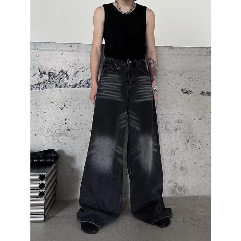 Seluar Jeans Kaki Lebar untuk Lelaki, Gaya Amerika Retro, Longgar ...