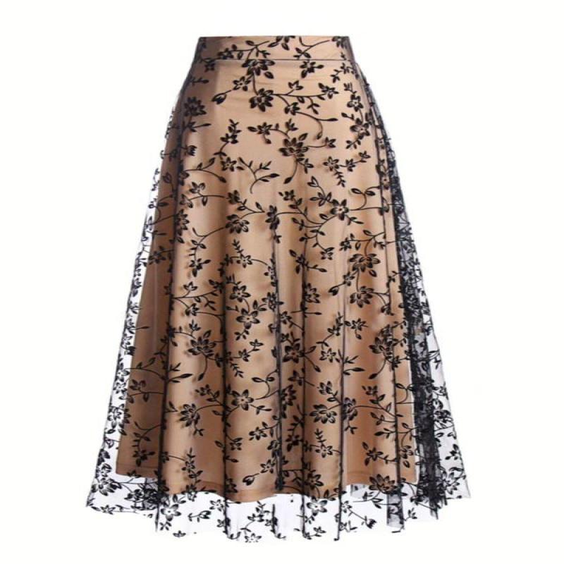 Women's Floral Embroidery Contrast Mesh A Line Skirt, Elegant Waist ...
