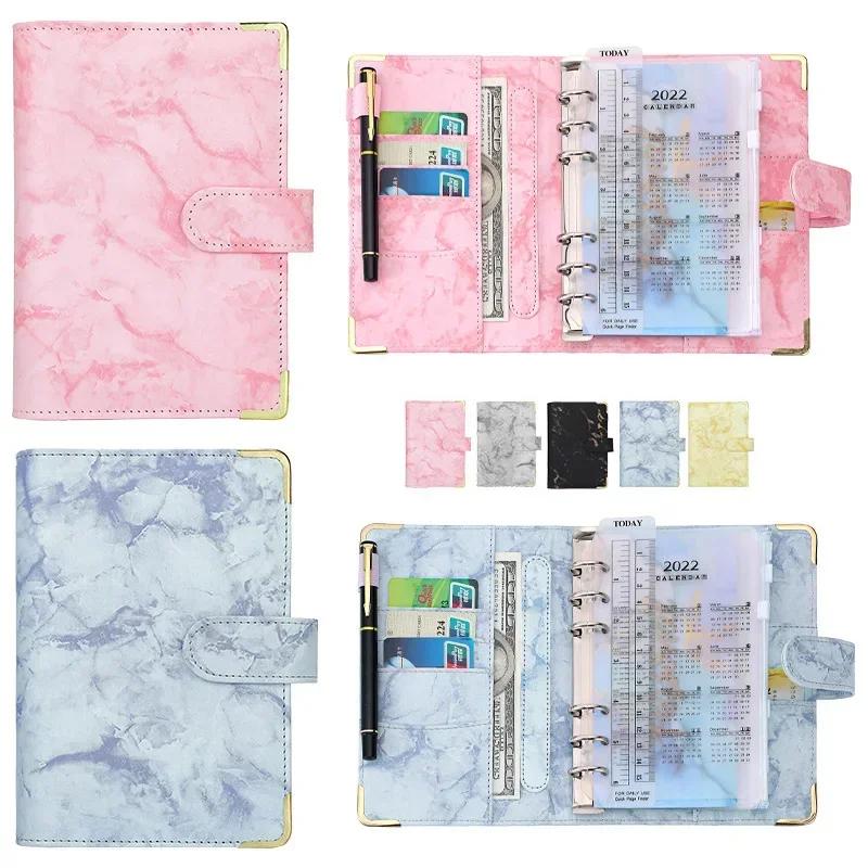 【2025】 PU Leather A6 Binder Cash Planner Marble Notebook Zipper ...