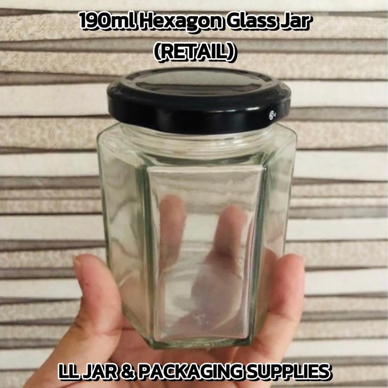RETAIL - 190ml Hexagon Glass Jars/bottles with FREE PLASTIC SEALER ...