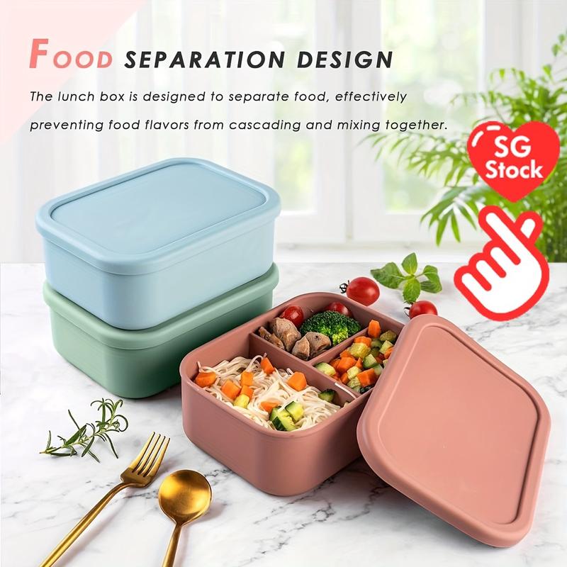 Reusable Silicone Lunch Box, 3 Compartments Bento Box, Convenient ...