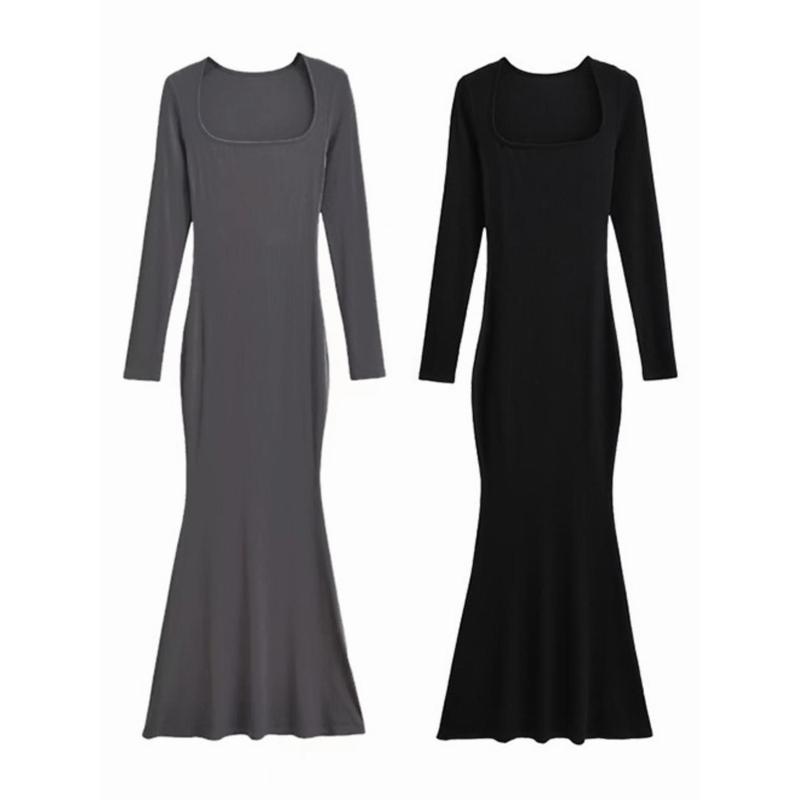 Gaun Baju Asas, Kolar Persegi, Skirt Ekor Ikan, Slim Fit, Kelihatan ...
