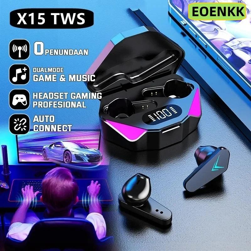 Fon kepala wayarles Bluetooth 5.3 TWS X15, set kepala permainan ...