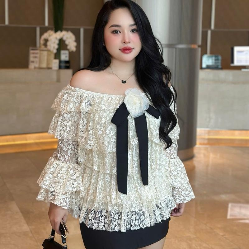 [N.T BIGSIZE] ÁO BẸT VAI REN TẦNG TAY DÀI ( có hoa to trước ngực - TikTok Shop Vietnam