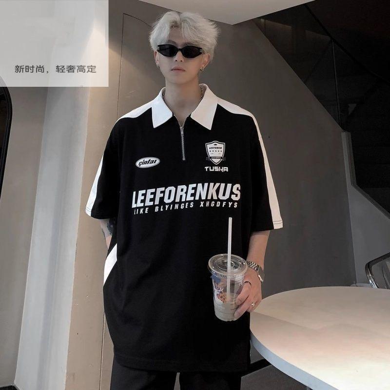 Kemeja Polo Zip, Gaya Ins Amerika, Baju-T Lengan Pendek, Pakaian ...