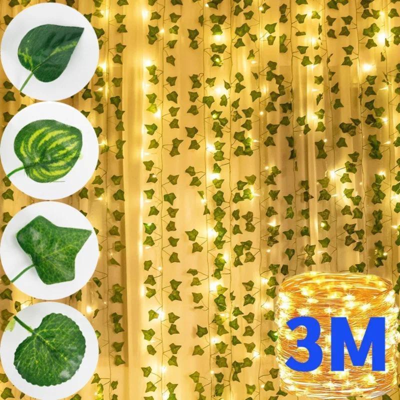 2M Simualtion Green Leaves Plants with LED String Light DIY Artificial ...