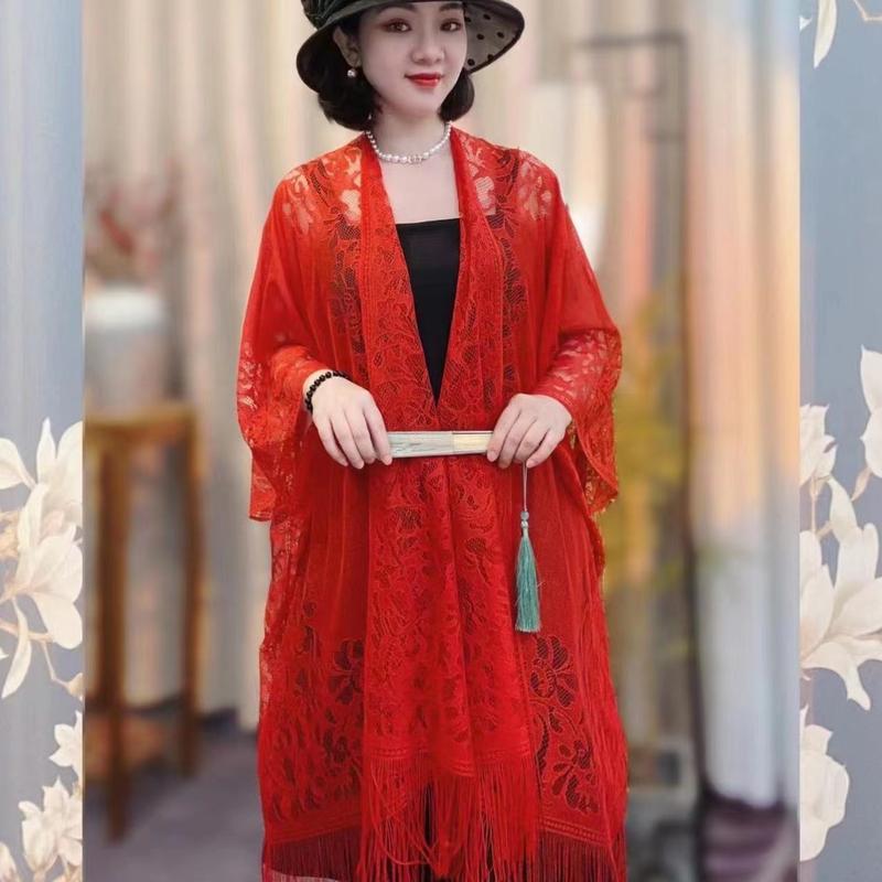 A Women's Red Versatile Thin Sun Protection Shawl Hollow Tassel ...