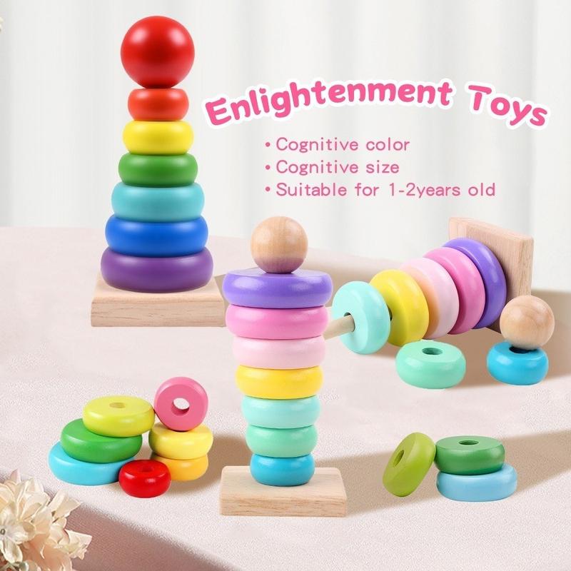 7 Colors Wooden Stacking Ring Tower Rainbow Shape-sorting Child ...