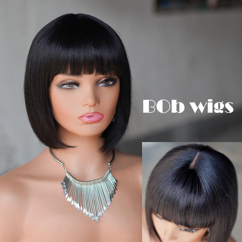 Cheap Human Hair Wigs Brazilian Hair Bob Wig with Bangs Machine Made ...