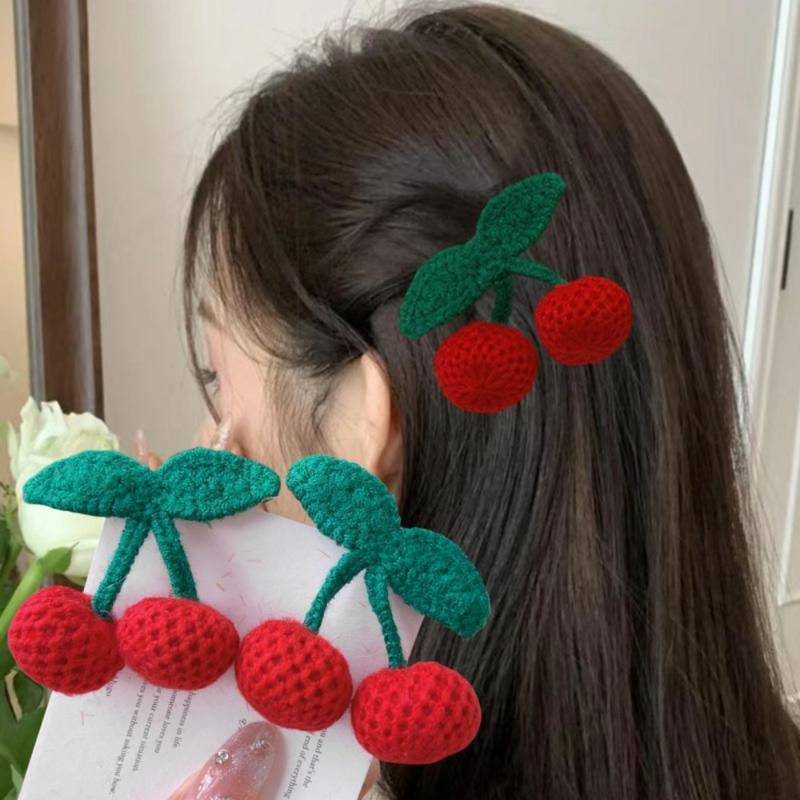 2Pcs Cherry Bow Hairpin Cute Knitted Hair Clips Girls Barrette - TikTok ...