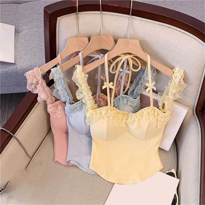 Baju Atasan Tangki Manis, Untuk Wanita, Leher Halter Renda Elegan ...