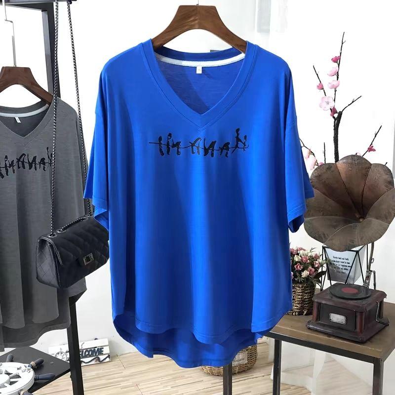 Plus size oversized 150kg women loose V-neck short sleeve tshirt ...