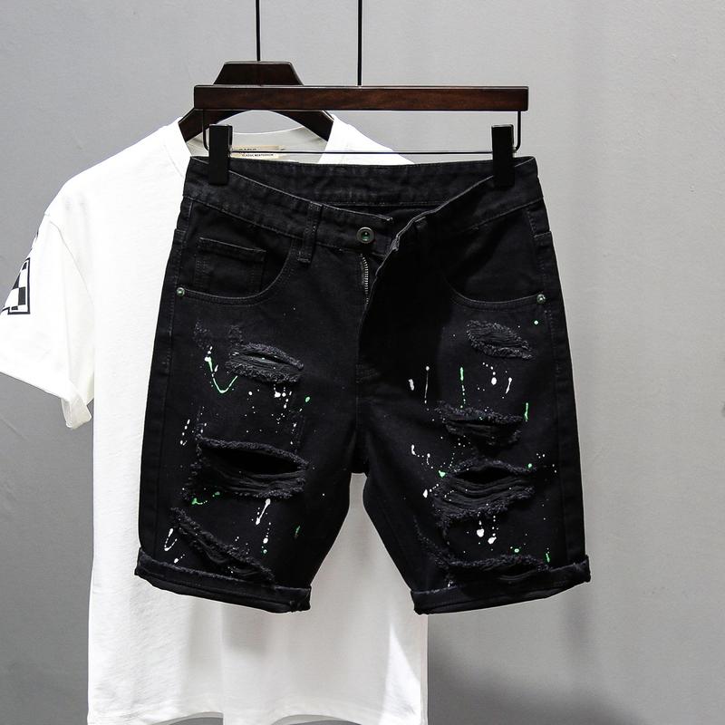 Seluar Pendek Denim, Koyak, untuk Lelaki, Hitam, Slim Fit, Lurus Kecil ...
