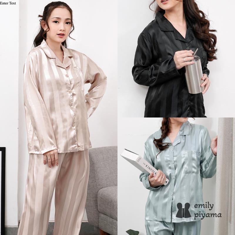 EMILY PIYAMA Baju Tidur Piyama Satin Wanita Dewasa Model Garis Celana ...
