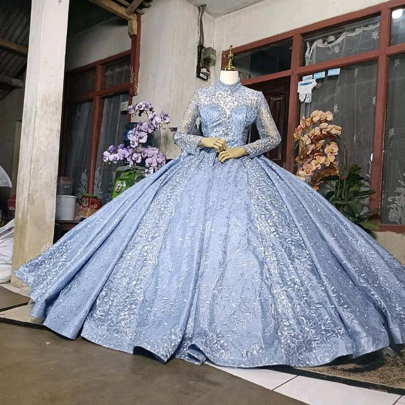 gaun pengantin warna denim ekor panjang - Shop | Tokopedia