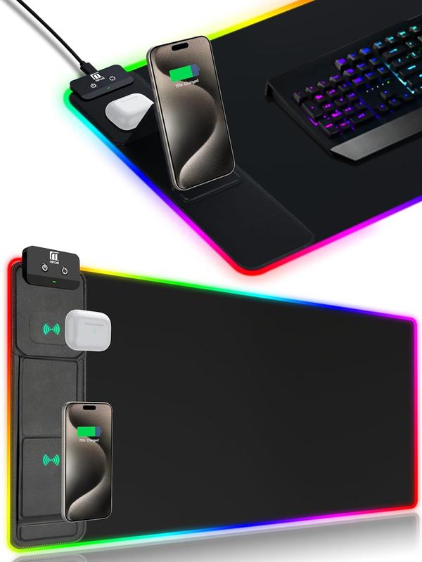XXL Mouse Pad with Phone Holder , RGB Desk Mat with 15W Fast Charging ...