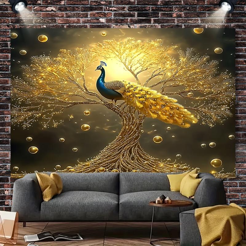 1pc Elegant Golden Peacock & Money Tree Luxurious Polyester Wall ...