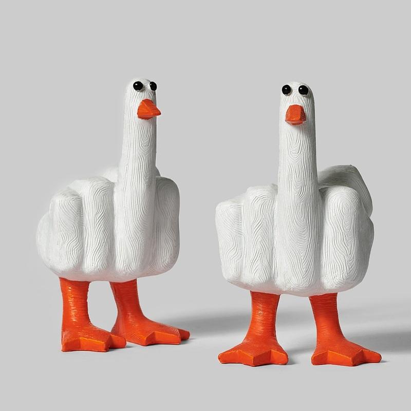 White Duck Resin Figurine - Cute Middle Finger Gesture, Playful ...