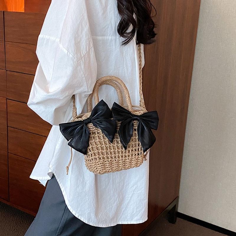HEFEI Designer Summer Bowknot Bucket Bag Hollow Out Elegant Weave ...