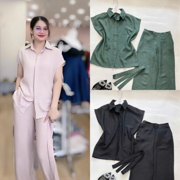 MS218- Set SƠ MI tay ngắn phối dây thắt eo+ quần suông đủ size - TikTok Shop Vietnam