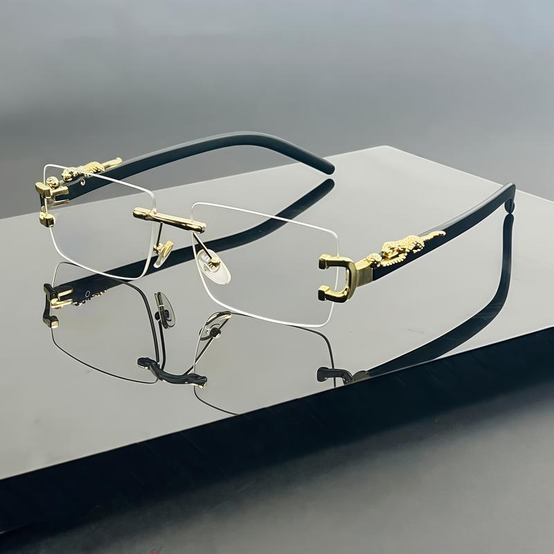 Men's Vintage Square Frameless Glasses, Zinc Alloy Frame with Wood Tone ...