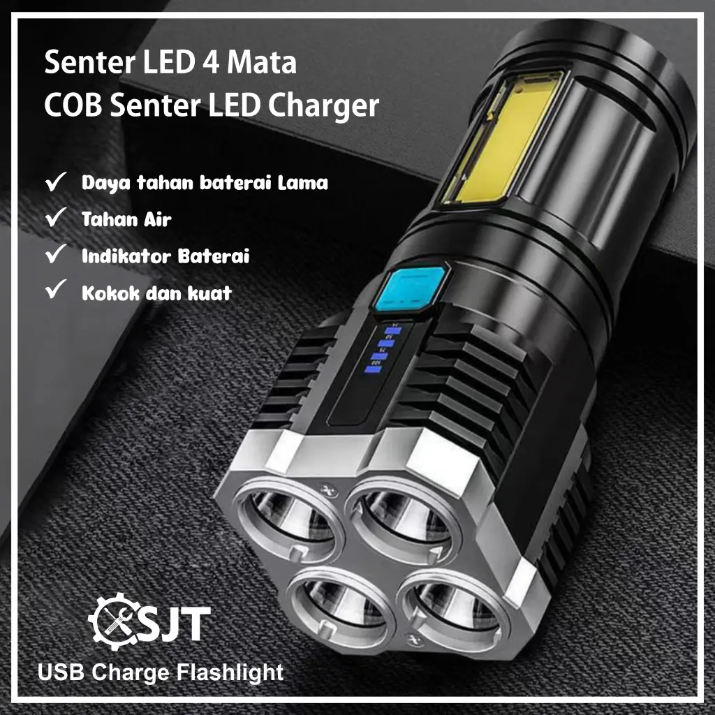SJT - Senter Led 4 Mata Rechargeable Cas Ulang Super Teran / Senter ...