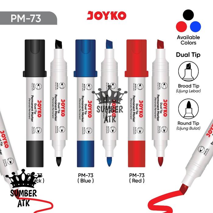 Promo Permanent Marker Spidol Permanen Dual Tip Joyko PM-73 HITAM BIRU ...