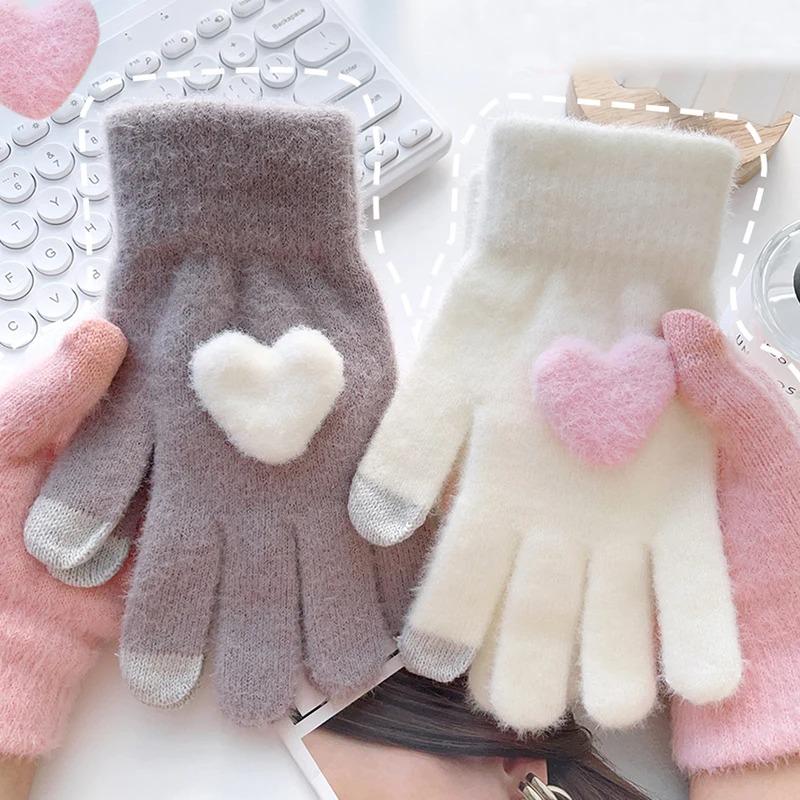 Plush Heart-shaped Knitted Glove Touchscreen Thick Warming Winter ...