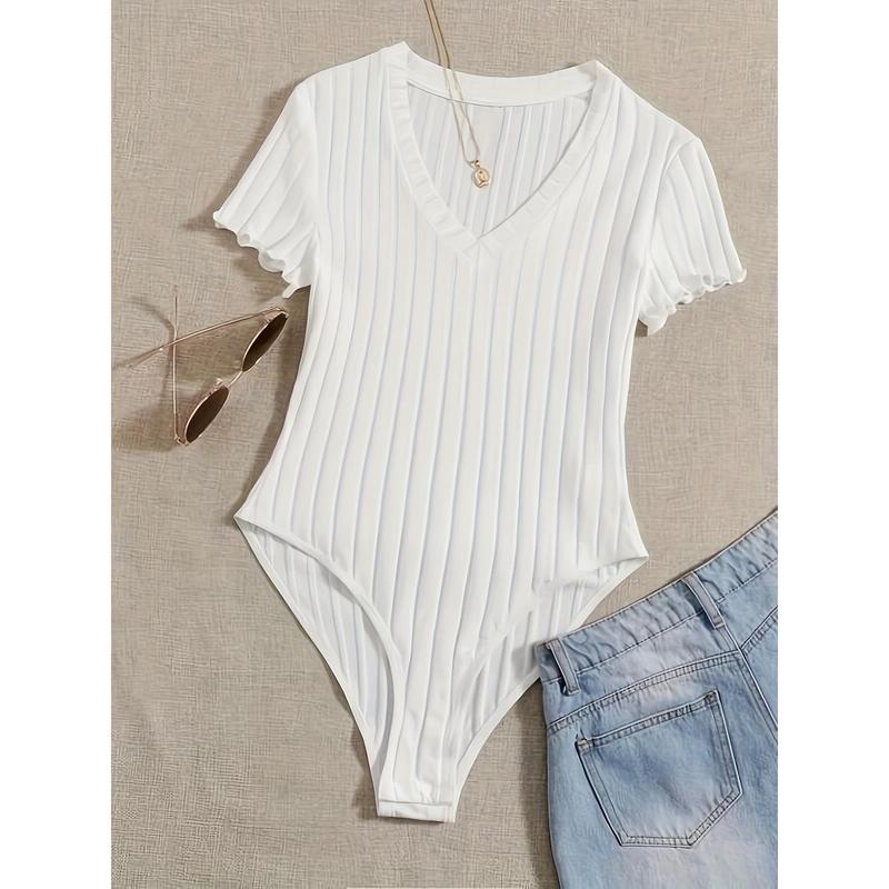 Solid V Neck Rib Knit Bodysuit, Casual Short Sleeve Basic Bodysuit ...