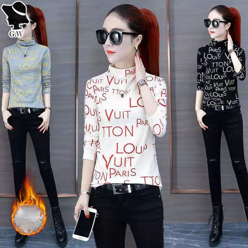 Kemeja turtleneck wanita, lengan panjang, polos, langsing, Korea ...