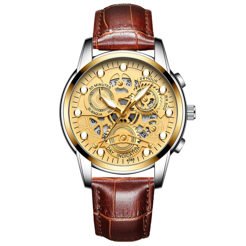 Men's Leather Watch Luxury Brand Skeleton Quartz Watch Waterproof ...