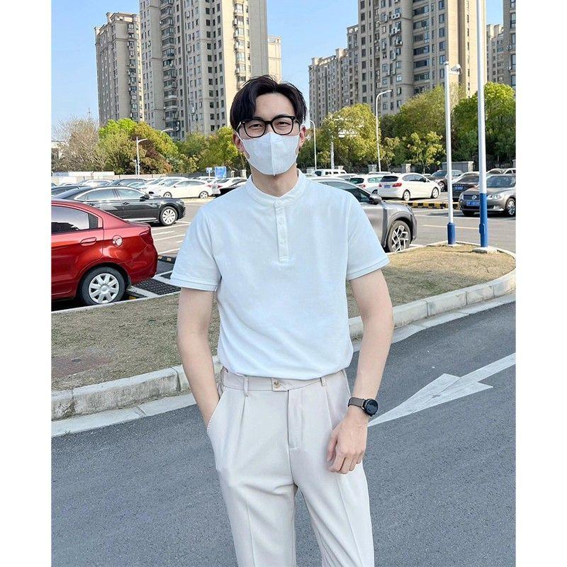 Light Mature Style White Henry Collar Short Sleeved T-Shirt For ...