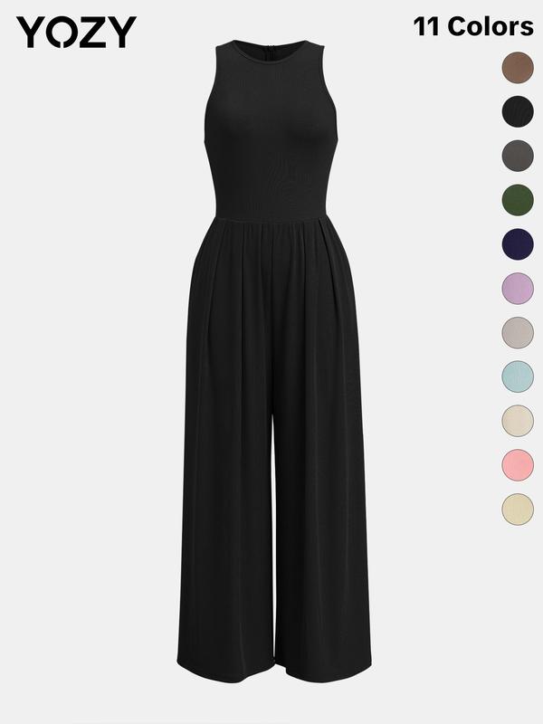YOZY Pleated Zipper Back Wide Leg Tank Jumpsuit, Casual Sleeveless ...