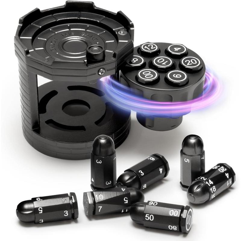 Metal Polyhedral Bullet Dice Tower with Spinning Revolver Cylinder ...