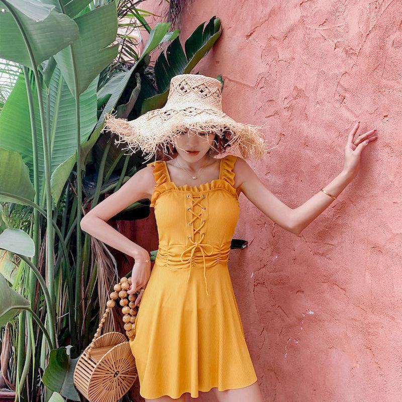Women Swimsuit One-piece Drawstring Korean Female Conjoined Beachwear ...