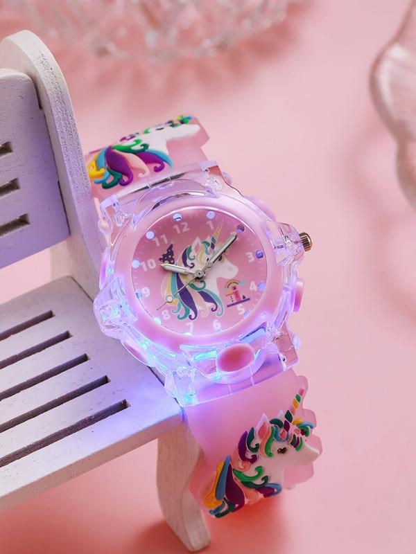 Kid's Cute Unicorn Design Quartz Watch, Trendy Luminous Silicone ...