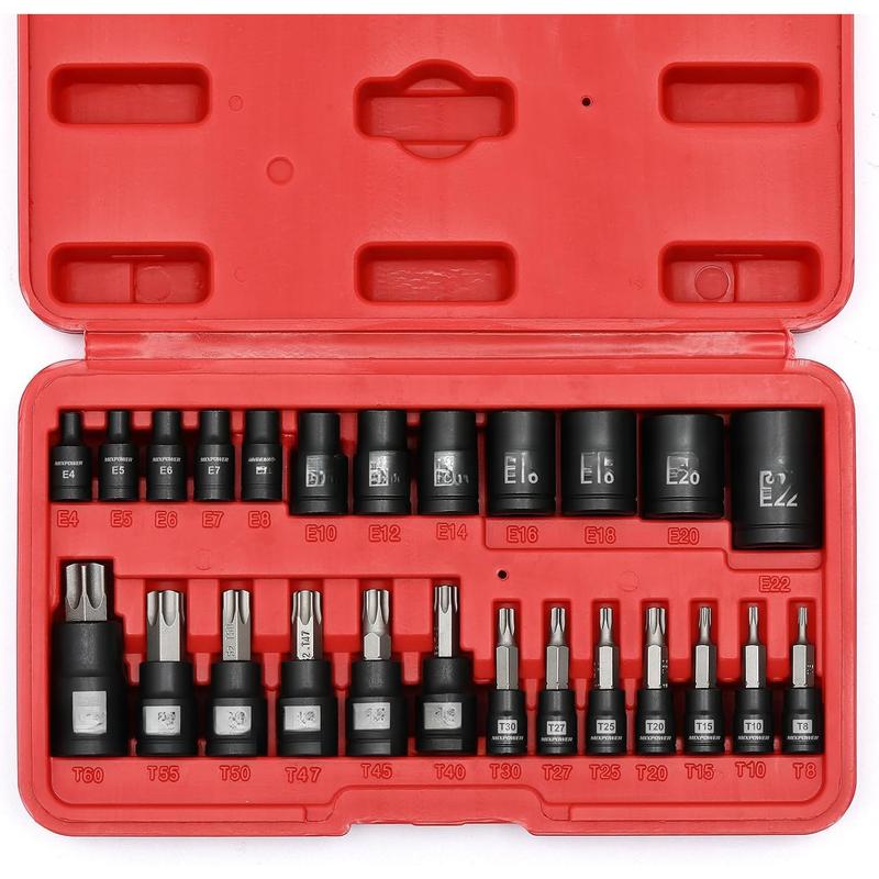 25 count Torx Bit and Socket Set, 13 Star Bits (T8- T60) & 12 E-Torx ...