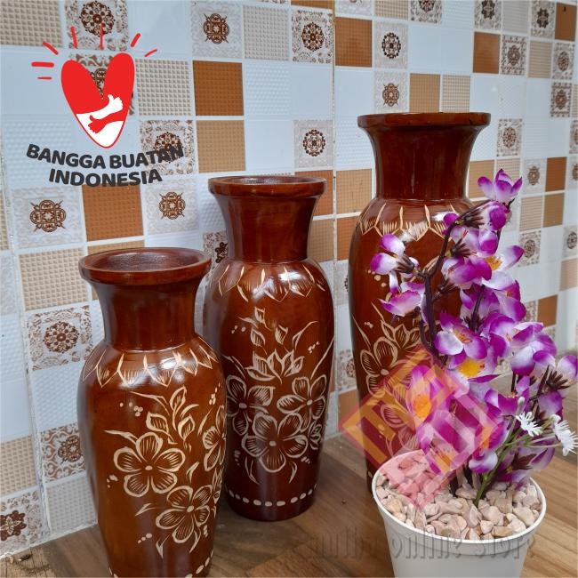Bisa COD Set ( 3 Buah ) Vas Bunga Kayu Jati Model Guci Cuki - Shop ...