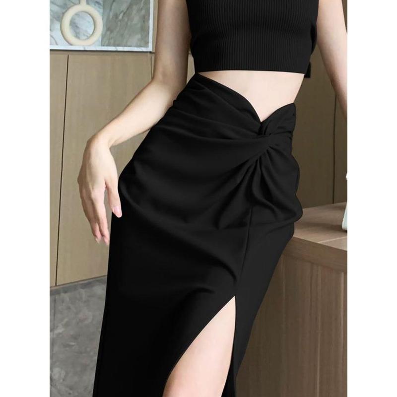 Black Slit Suit Skirt Women's Summer Thin Design Sense Pleating ...