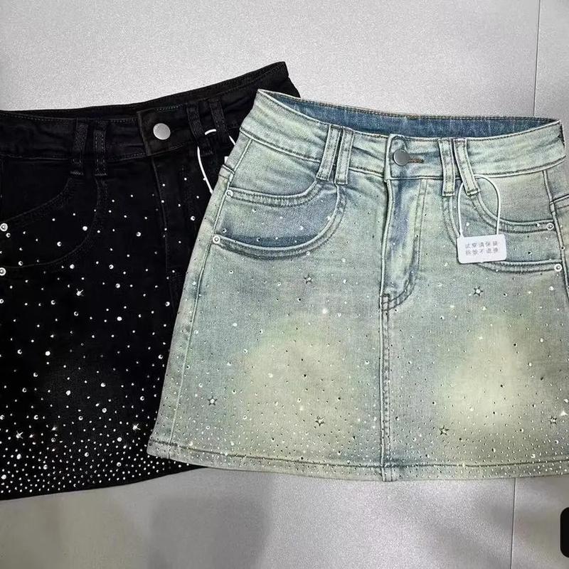 Starry Hot Rhinestone Denim Skirt for Women 2025 Summer New Retro ...