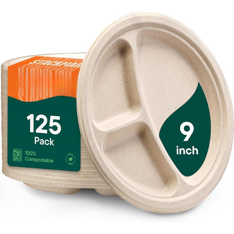 Compostable, 3 Compartment, Disposable Paper Plates [125-Pack] - { Free ...