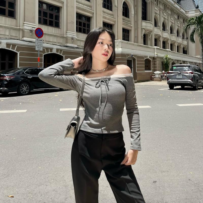 Áo thun tay trễ vai dài chất liệu thun phối viền ren dáng freesize ...