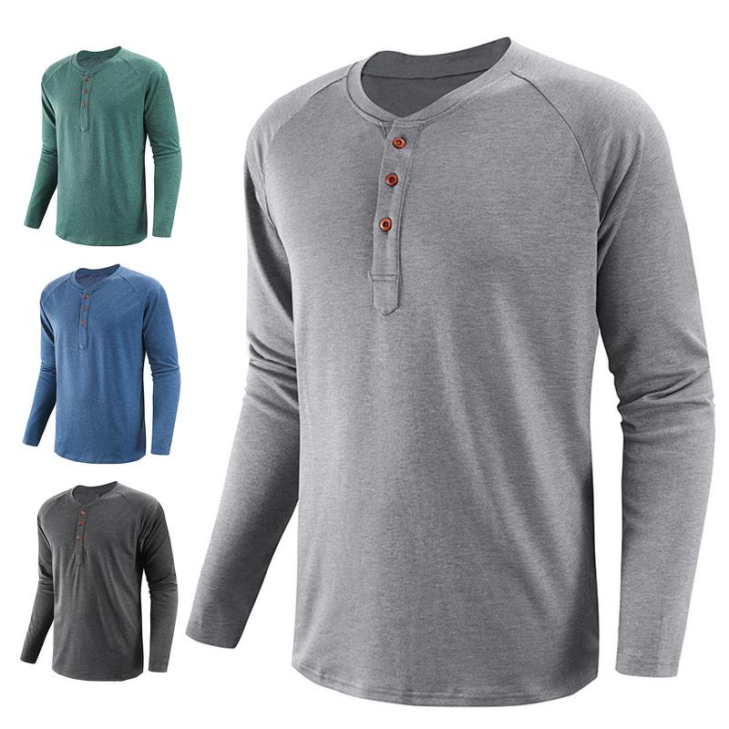 O-Neck Long Sleeve Men Pullover Simple Buttons Neck Solid Color ...