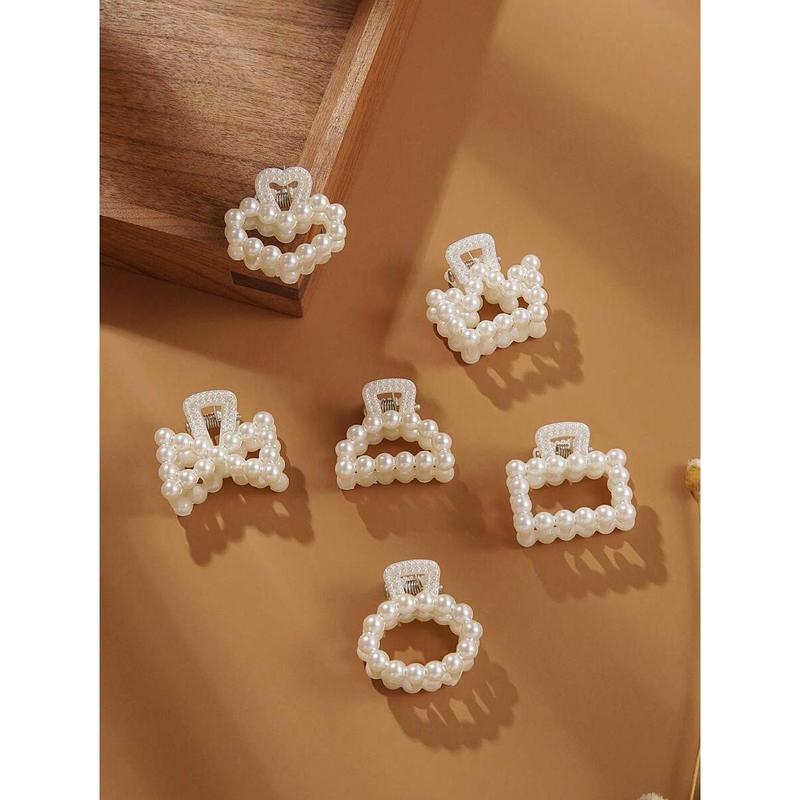 6pcs Geometric Faux Pearl Mini Claw Hair Clips, Elegant & Stylish Faux Pearl Grasper Clip, Hair ...