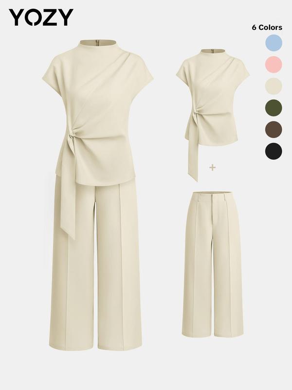 YOZY Plain Ruched Knot Front Top & Wide Leg Pants Set / Elegant ...